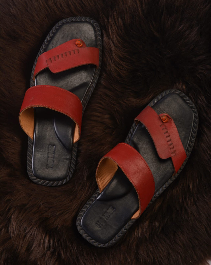 LEATHER MENS SLIDES RED AND BLACK | handsandhead
